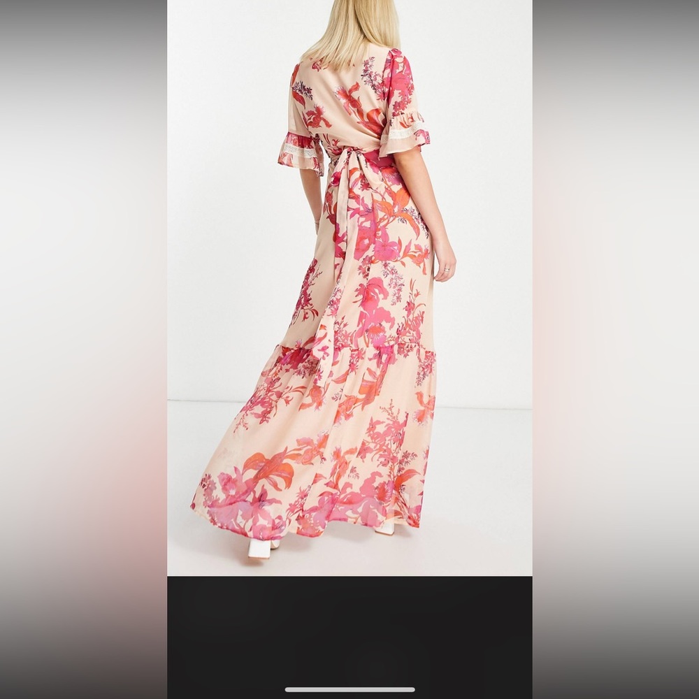 Flutter Sleeve Wrap Maxi Dress In Fuchsia Floral - Gem